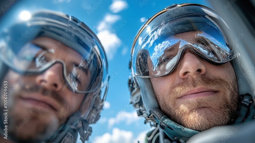 Two pilots with reflective helmets and visors capture the stunning ...