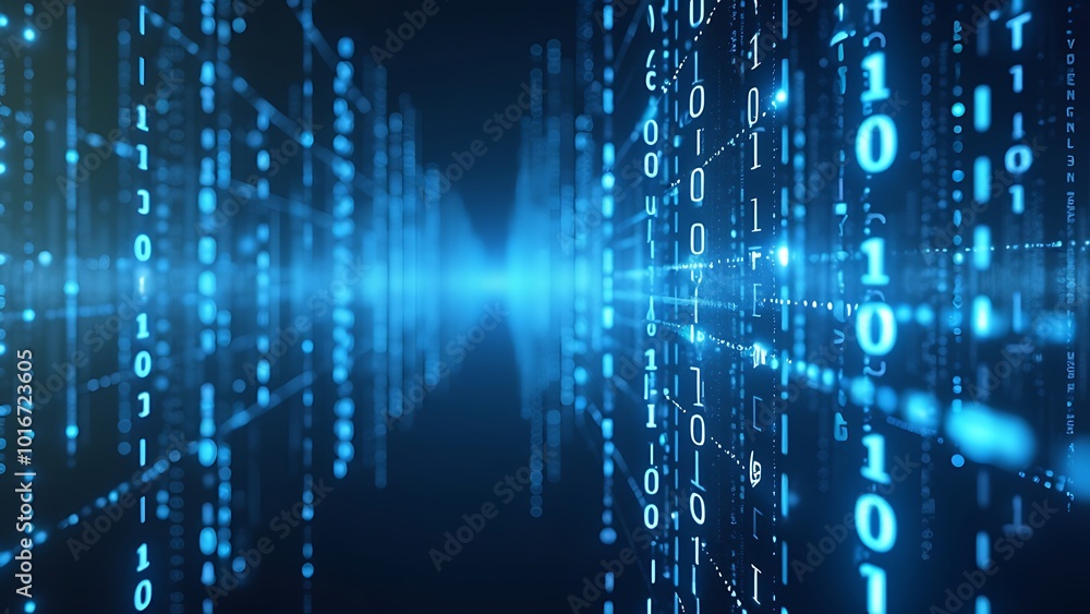Binary code matrix background, perspective view with depth of field ...