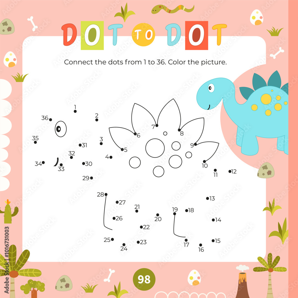 Dinosaurs activities for kids. Dot to dot game – cute Dino. Connect the ...
