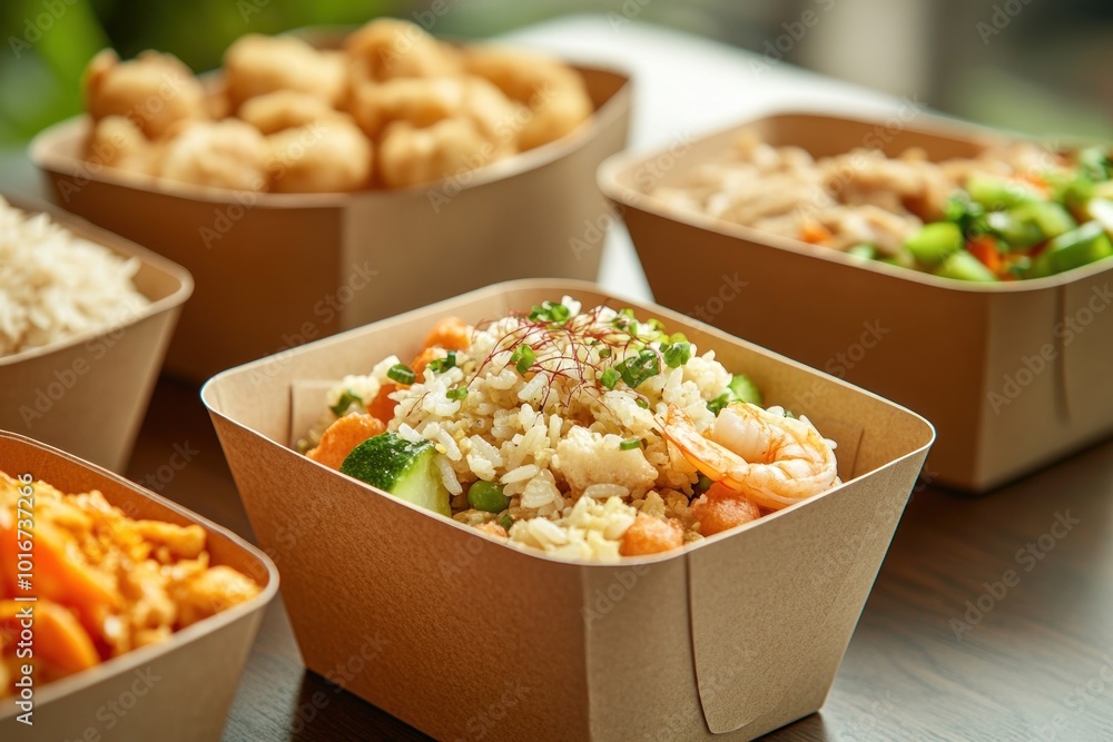 Variety of food in brown paper takeout boxes rice produce grain. Stock ...