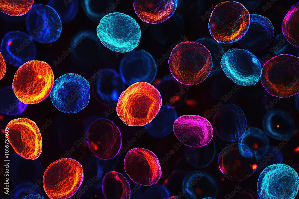 Microscopic view of vibrant blood cells showcasing intricate colors and ...