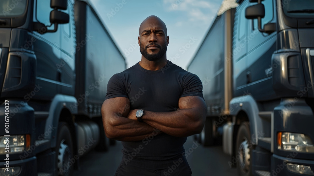 Strong man standing confidently between two large trucks, showcasing ...