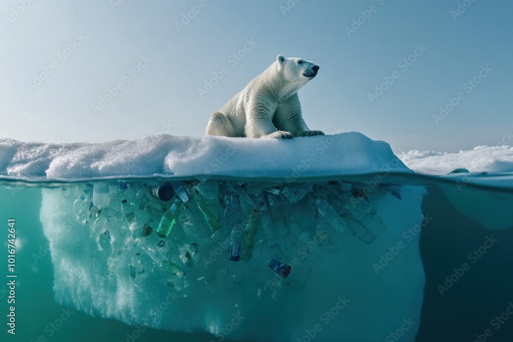 Polar bear sitting on iceberg with plastic pollution in the ocean Stock ...