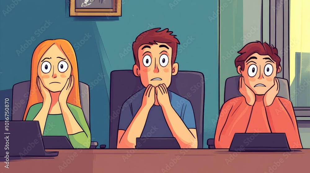 A funny digital cartoon showing a split screen of an anxious host ...