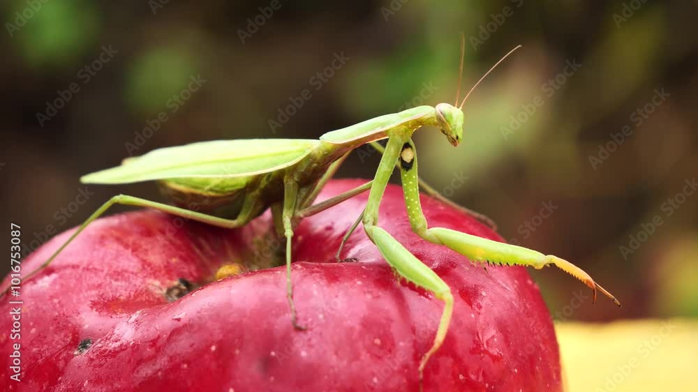 Common mantis on an apple. Common praying mantis, Mantis religiosa ...
