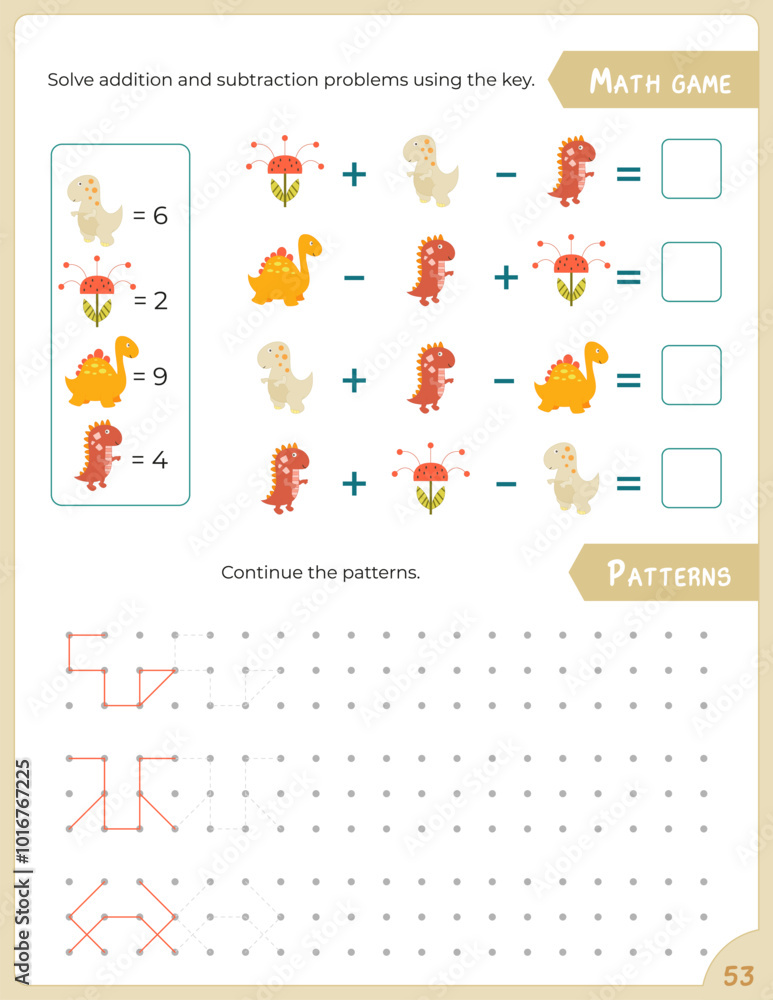 Dinosaurs activities for kids. Solve arithmetic problems using the key ...