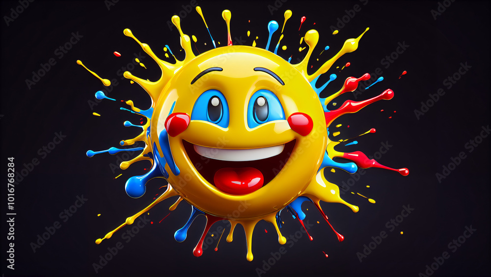 Radiant burst of joy: 3D illustration of a stylized smiley face ...