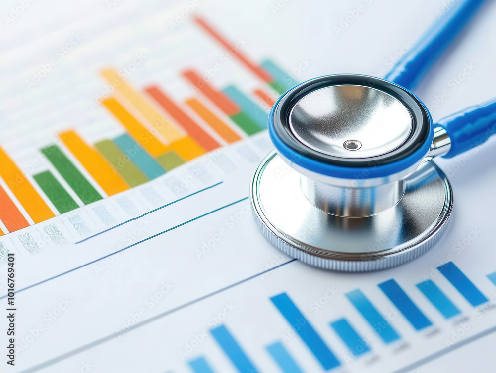 Stethoscope resting on medical charts with colorful graphs, symbolizing ...