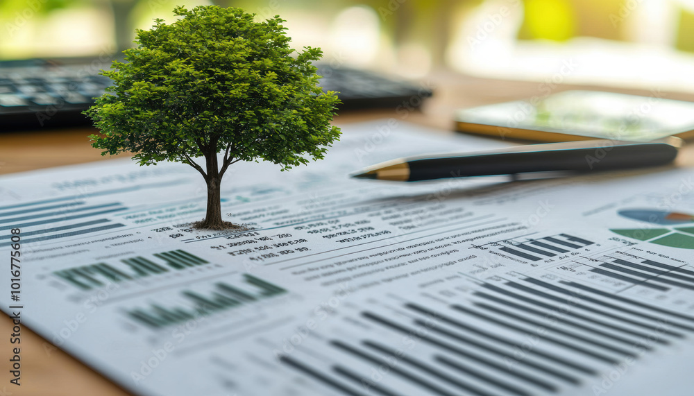 tree growing from financial document symbolizes growth and ...