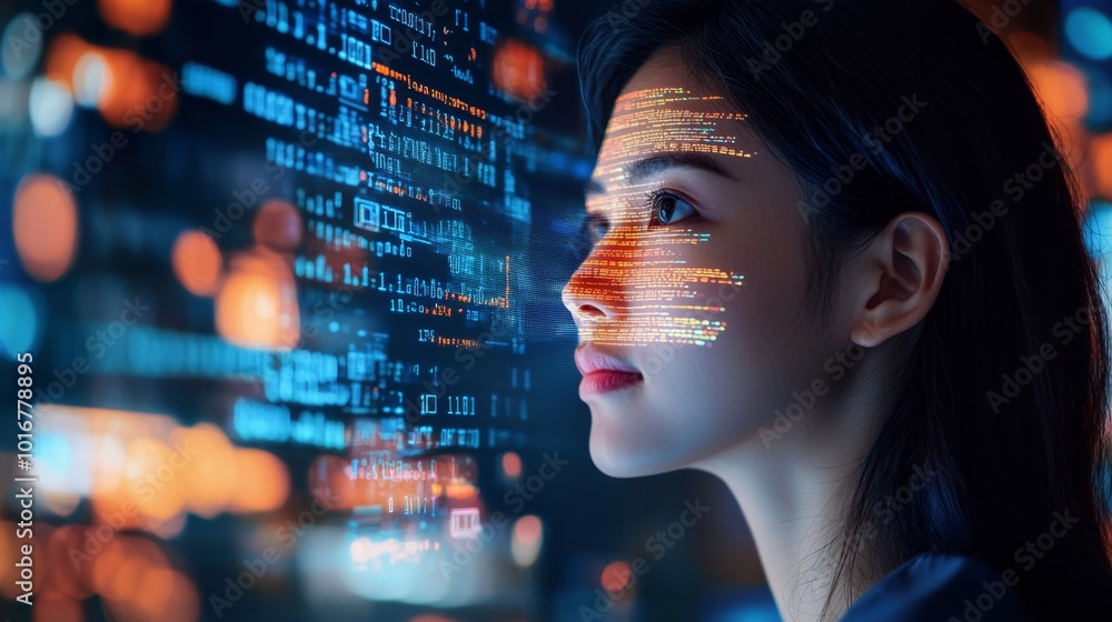 Double exposure Portrait of Asian Female Startup Digital Entrepreneur Working on Computer, Line ...