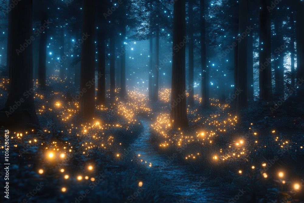 enchanted luminous forest mystical nighttime woodland scene with ...