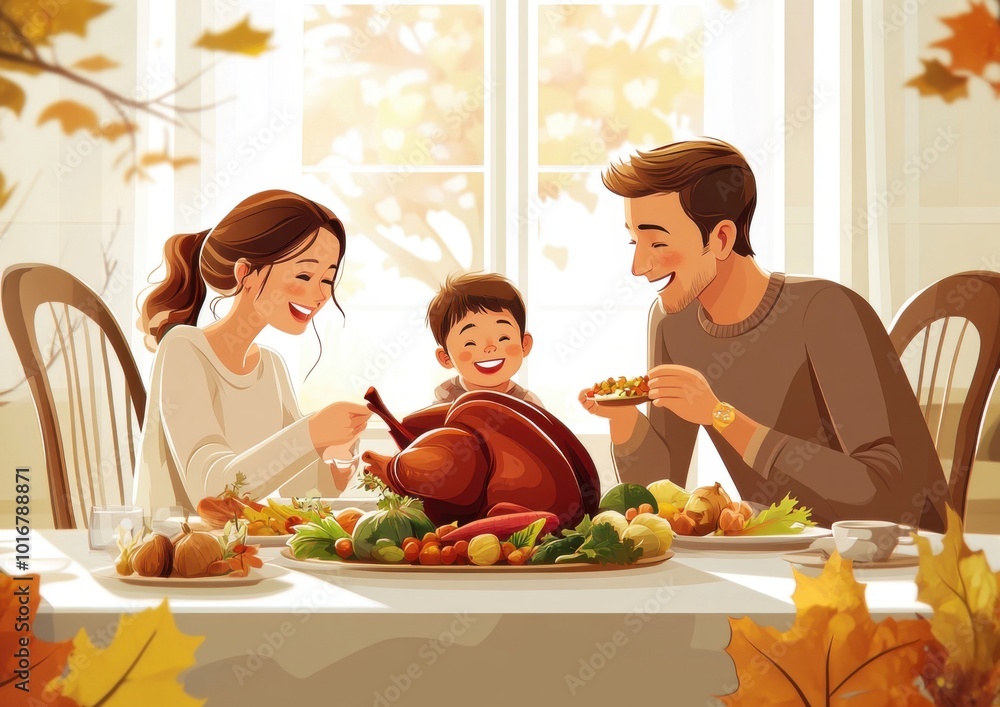 A family of three is sitting at the dining table, smiling and eating a ...