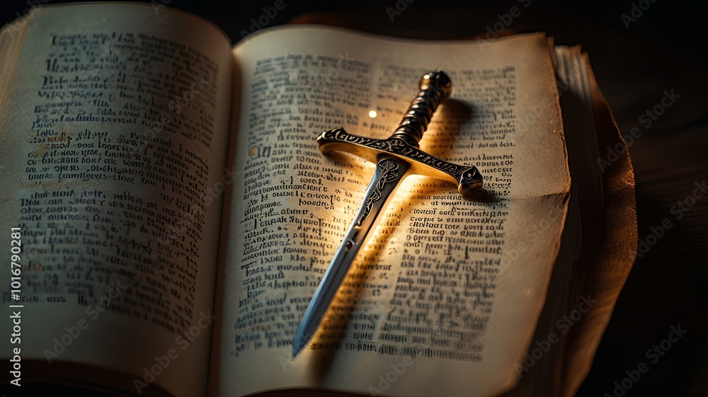sword of the spirit inserted into an open book, glow magic effect ...