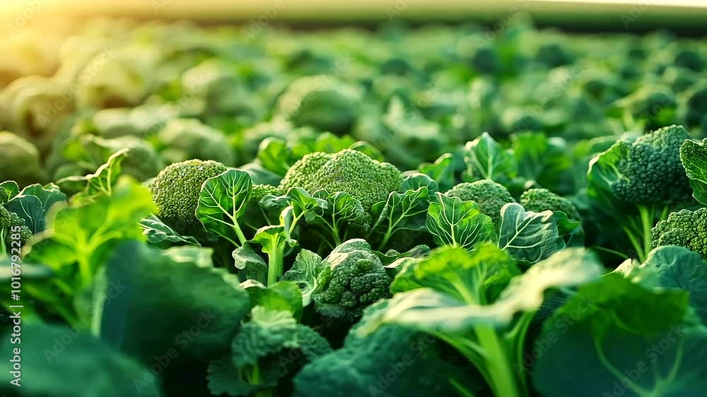 An intricate close-up of broccoli plants in a field, with the soft ...