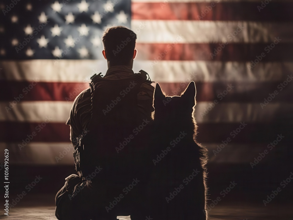 patriotic k9 unit back view of soldier with german shepherd, american ...