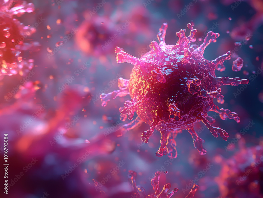 Microscopic view of virus with vibrant pink hue, showcasing its ...