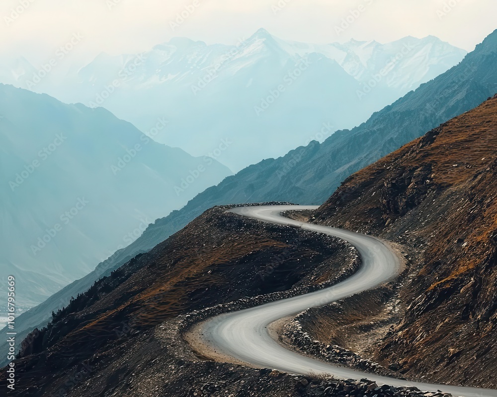 Karakoram Highway winding through a series of steep switchbacks, with ...