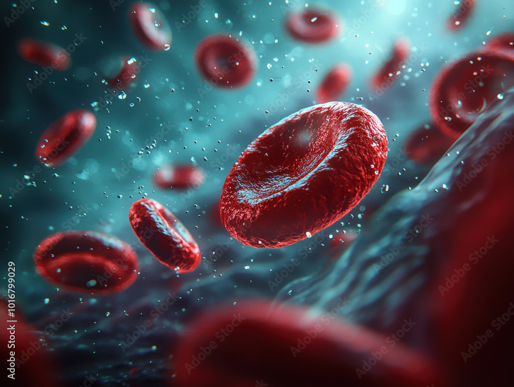 Red blood cells are depicted in dynamic and vibrant 3D render ...