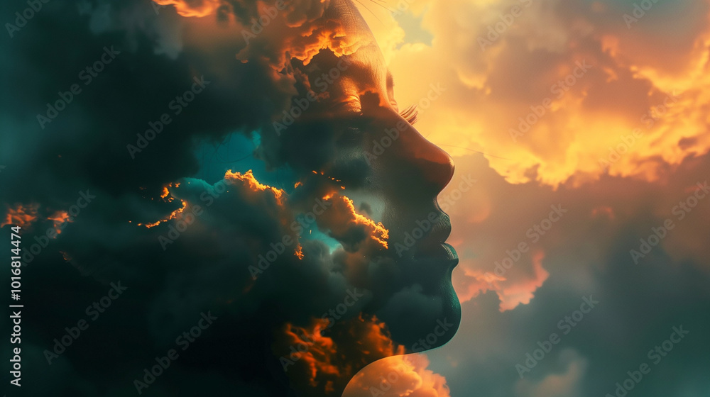 Image 1: Surreal profile of a woman's face merging with vibrant, fiery ...