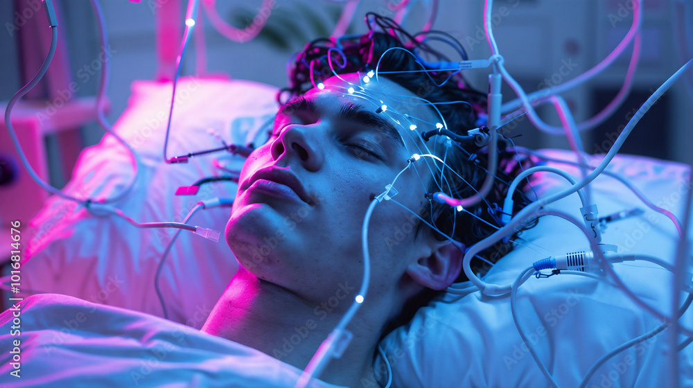 Patient undergoing advanced sleep study with EEG electrodes and ...