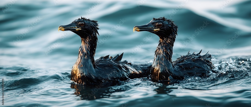 Seabirds covered in oil from a devastating oil spill on the ocean ...