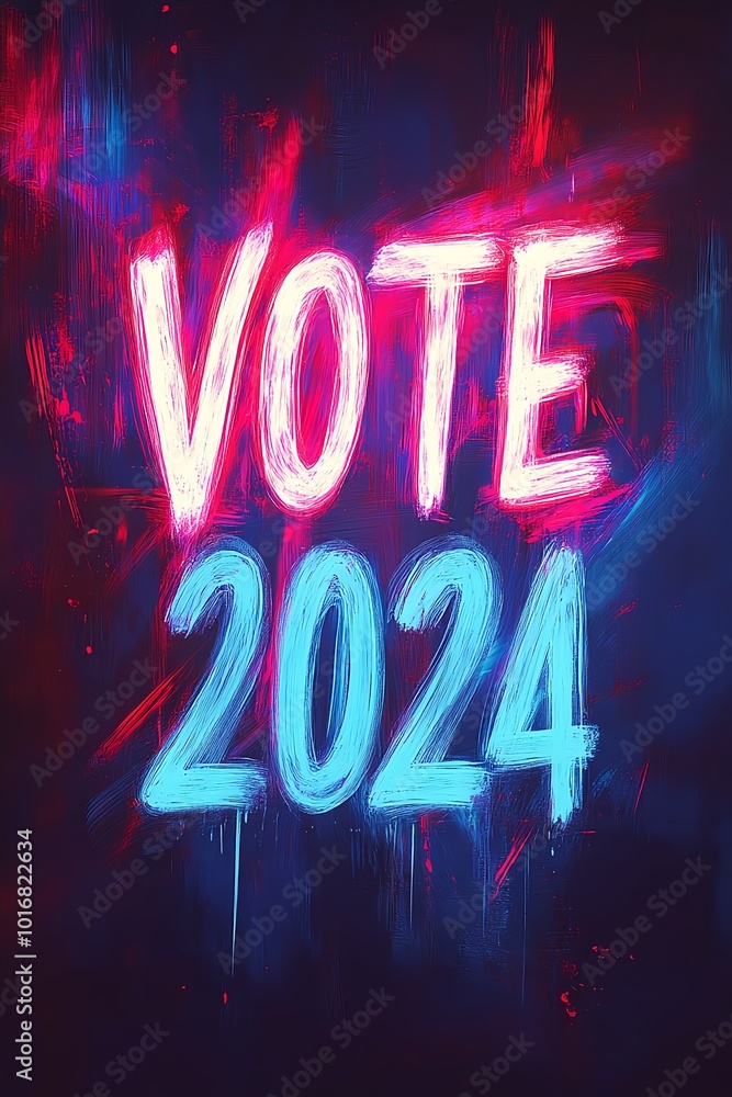 Neon 'Vote 2024' sign with vibrant red and blue glowing text, promoting ...