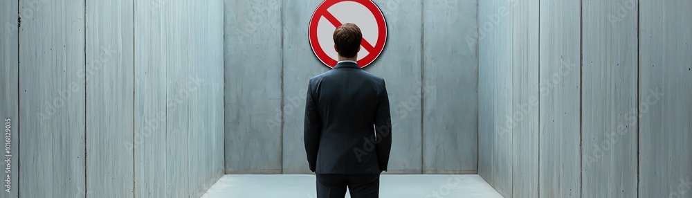 A businessman stands alone in a corridor, facing a prominent no-entry ...