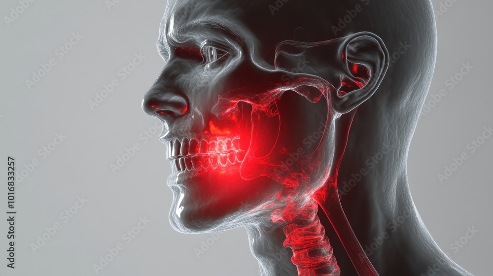 3D rendering of a human head with the jaw highlighted in red ...
