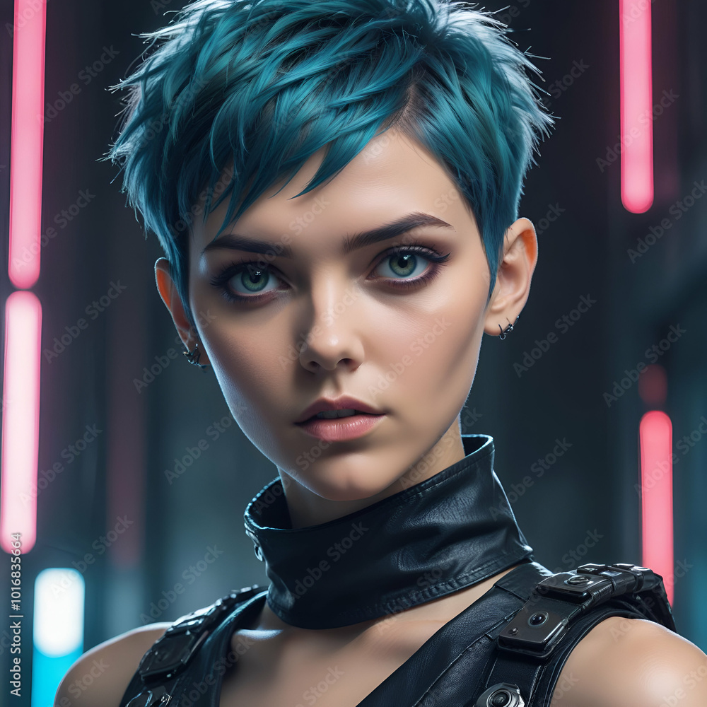 Cyberpunk Fashion Model with Bold Pixie Cut and Intense Gaze Close-Up ...