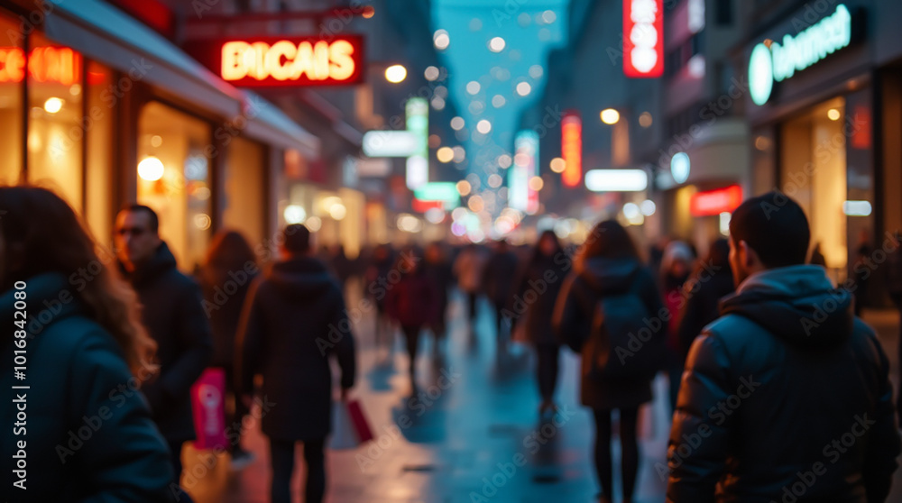 Saturated neon signs and blurry silhouettes of passers-by on a night ...