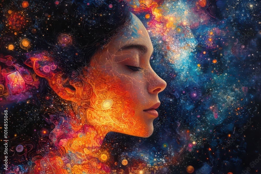 feminine figure illuminated by mystical sacred geometry patterns ...