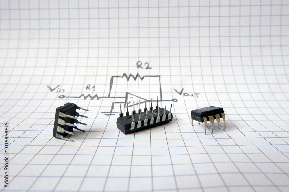 Integrated circuits on an op-amp circuit drawing. Operational amplifier ...