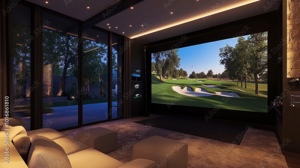 Modern indoor golf simulator room with a large screen displaying a golf ...