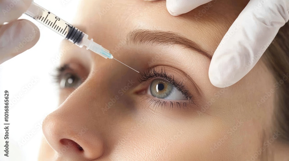 A close-up of a woman receiving Botox injections in her forehead by a ...