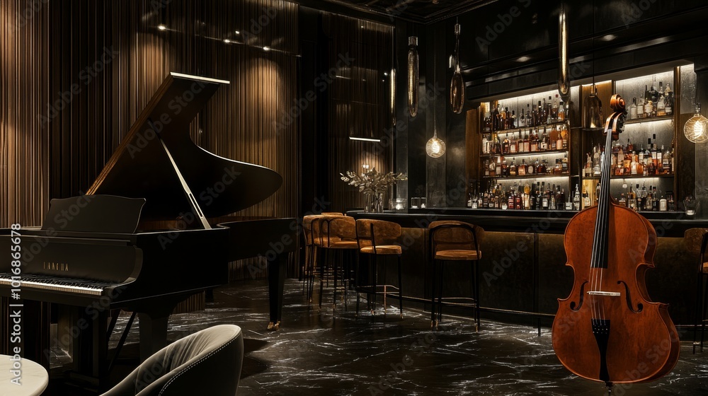 Modern jazz bar interior design, stage with black piano and cello ...