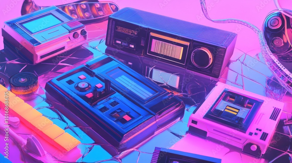 Bold retro 90s aesthetic, with bright geometric shapes and technology ...