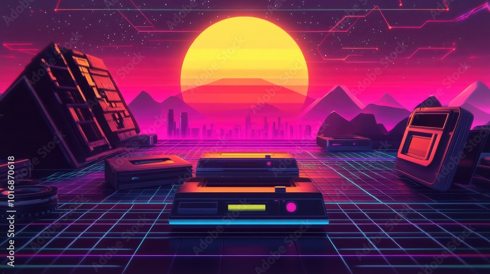 Retro 90s design with flashy geometric shapes, neon gradients, and tech ...