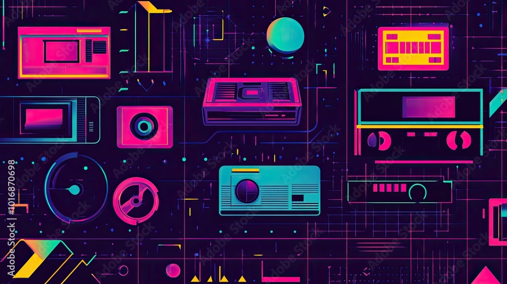 Retro 90s design with flashy geometric shapes, neon gradients, and tech ...