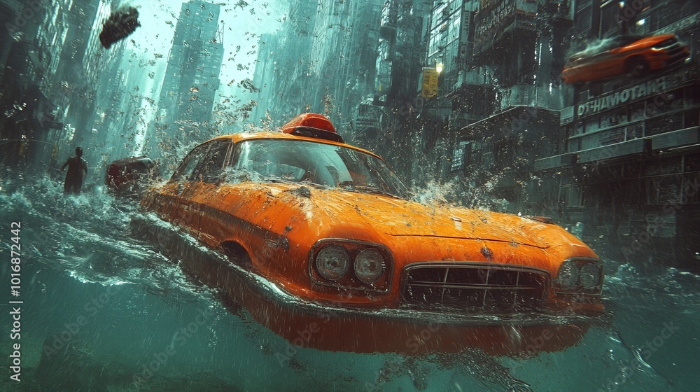 Submerged city, floating cars and people rescued by boat Stock ...