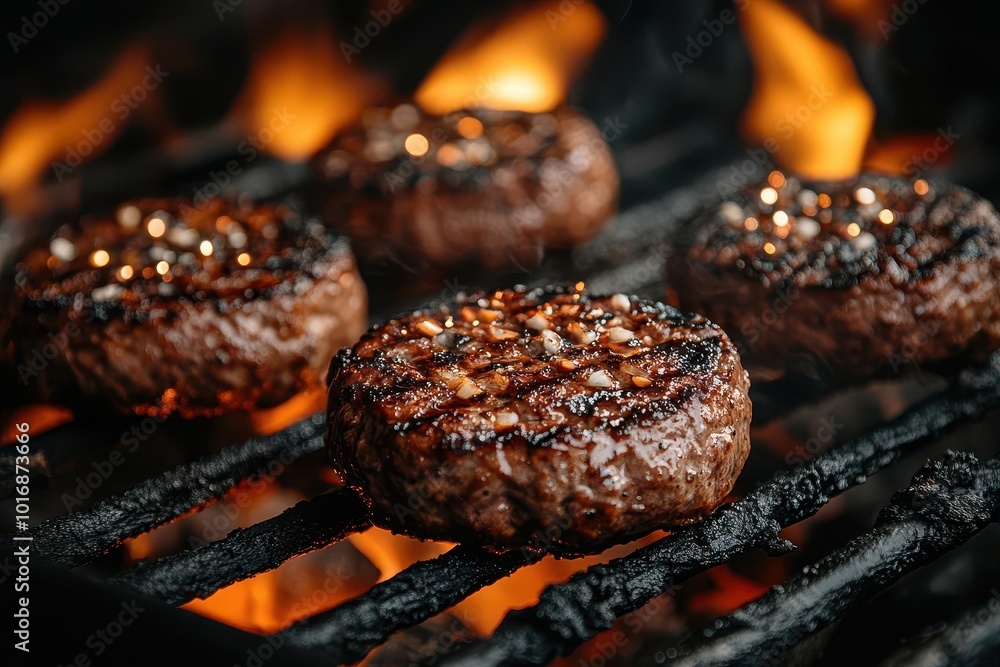 flamegrilled burgers and steak sizzling on a barbecue showcasing juicy ...