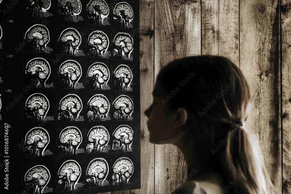 A woman is looking at a black and white image of a brain. The image is ...