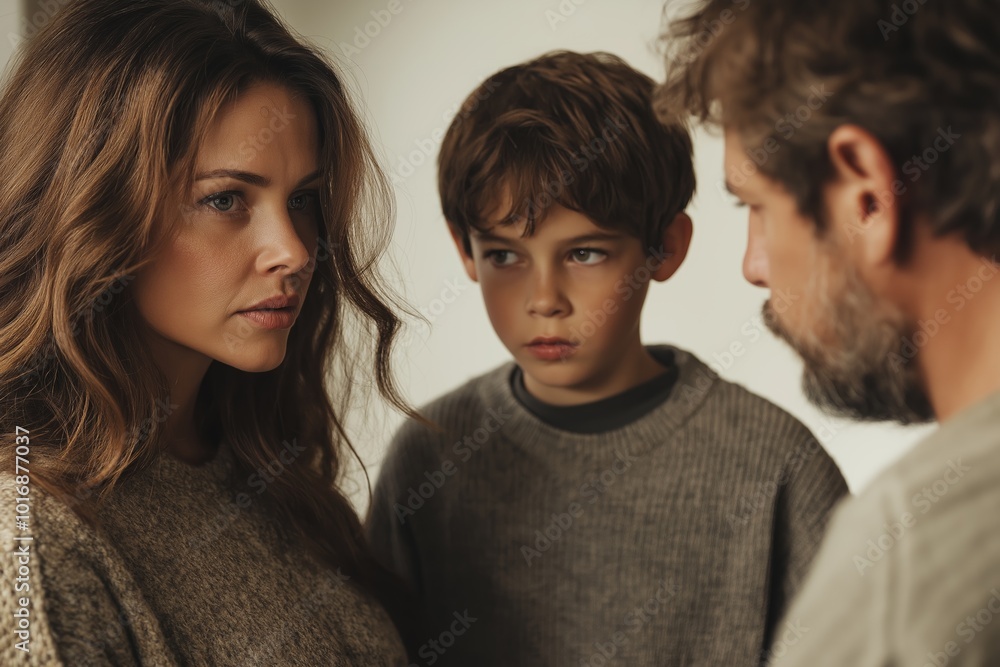 Family tension portrait depicting serious conversation and emotional ...