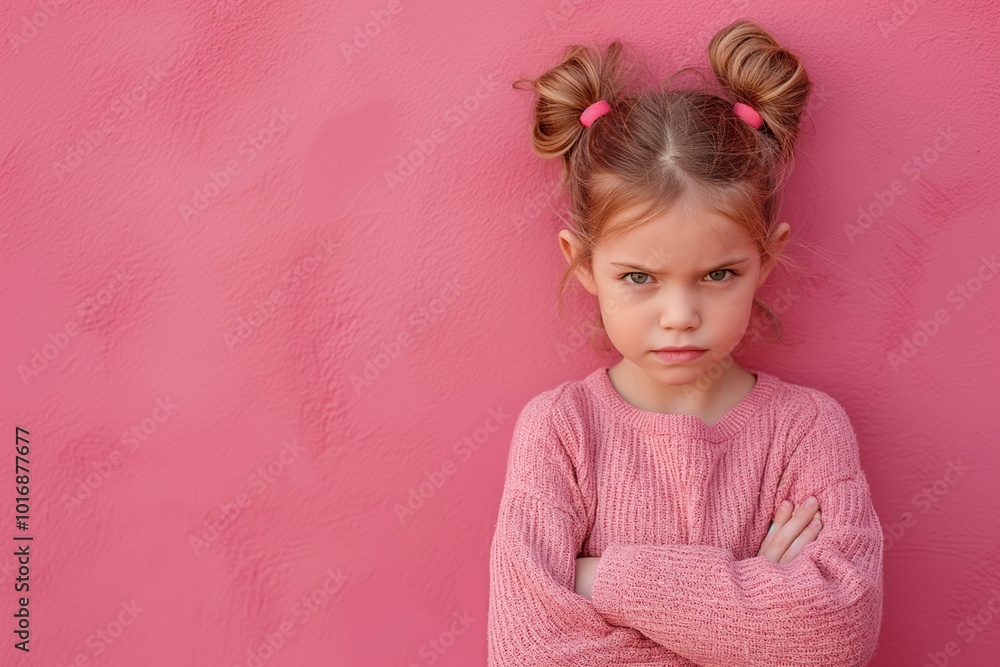 Grumpy young girl in pink sweater with crossed arms against pink ...