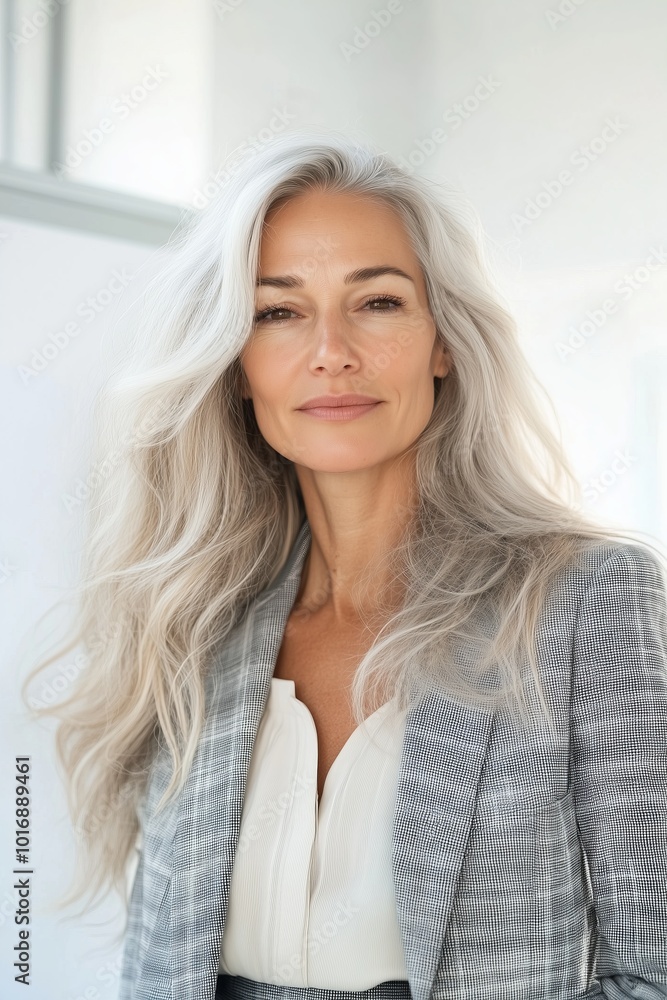 middle aged white woman with long blonde hair, wearing a checkered ...