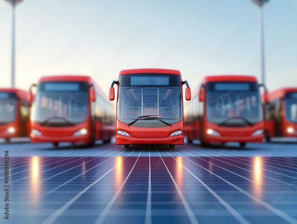 Electric buses powered by solar panels in a futuristic city ...