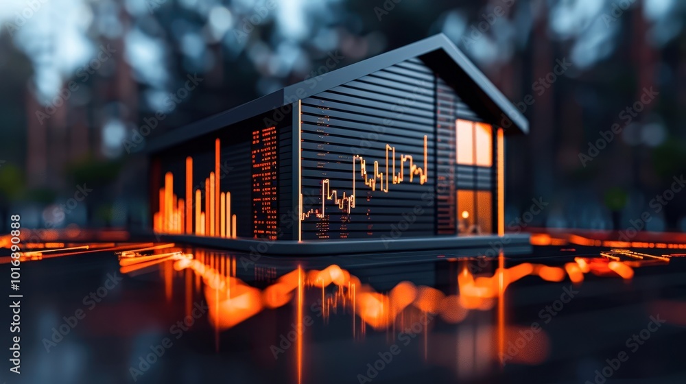 A modern house glowing with vibrant orange lines, depicting data and ...