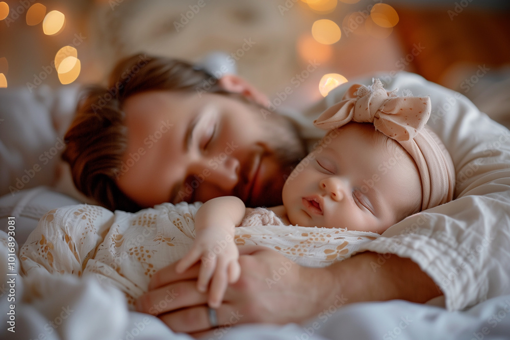 couple sleeping on the bed. parent and child sleeping together. newborn ...