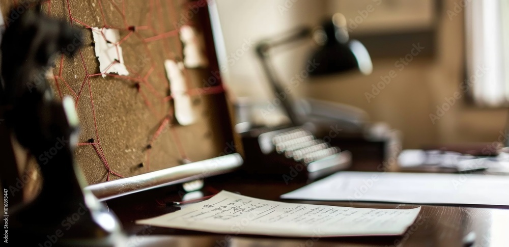Detective office with evidence board, typewriter, and desk lamp in ...
