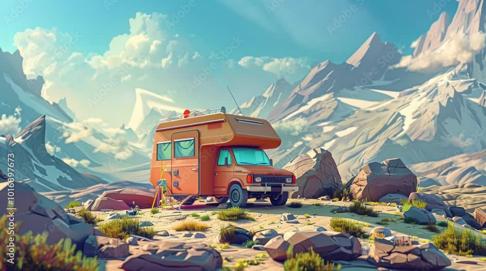 Campervan parked on top of a mountain under a bright sunny day ...