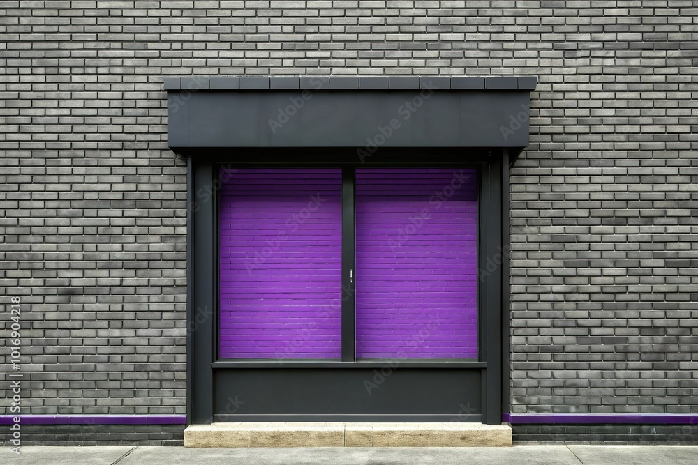 Minimalist black painted storefront with a violet window frame and ...